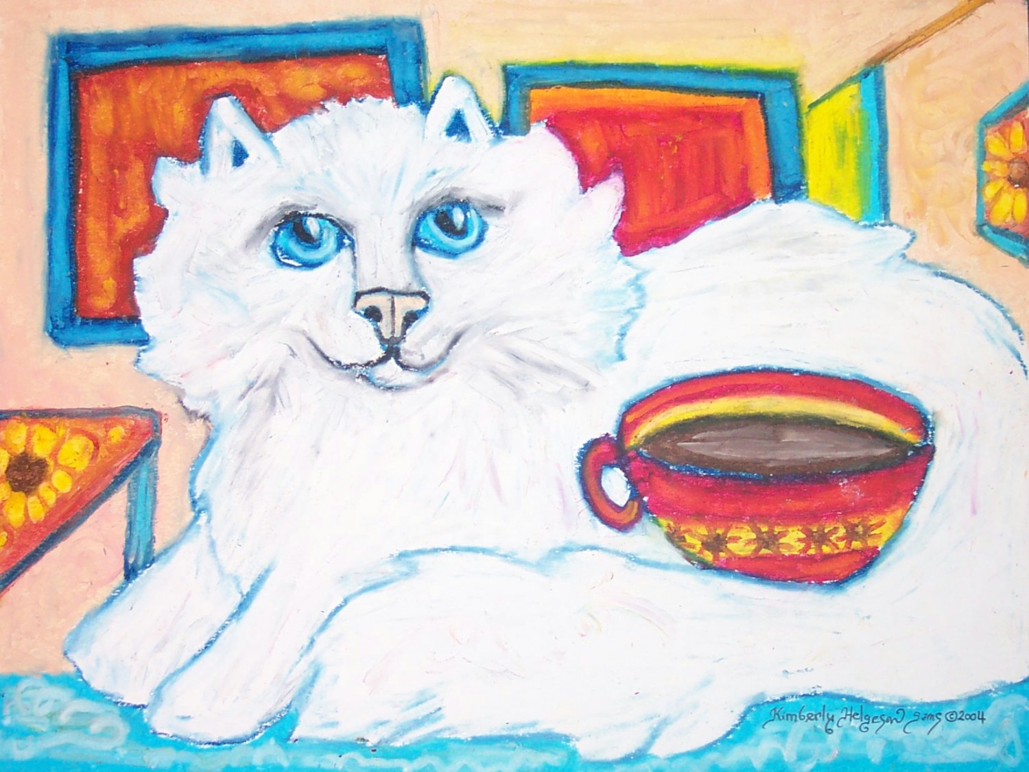 Domestic Longhair White Blue Eyes Coffee Break Cat Art Giclee Print