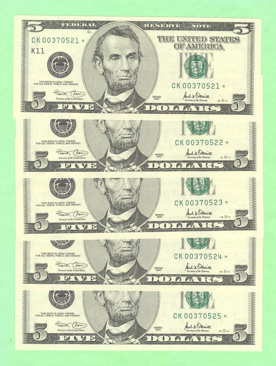 ~~ Series 2001 ~ $5.00 " STAR " frn's ( 5 ) consecutive " K " district