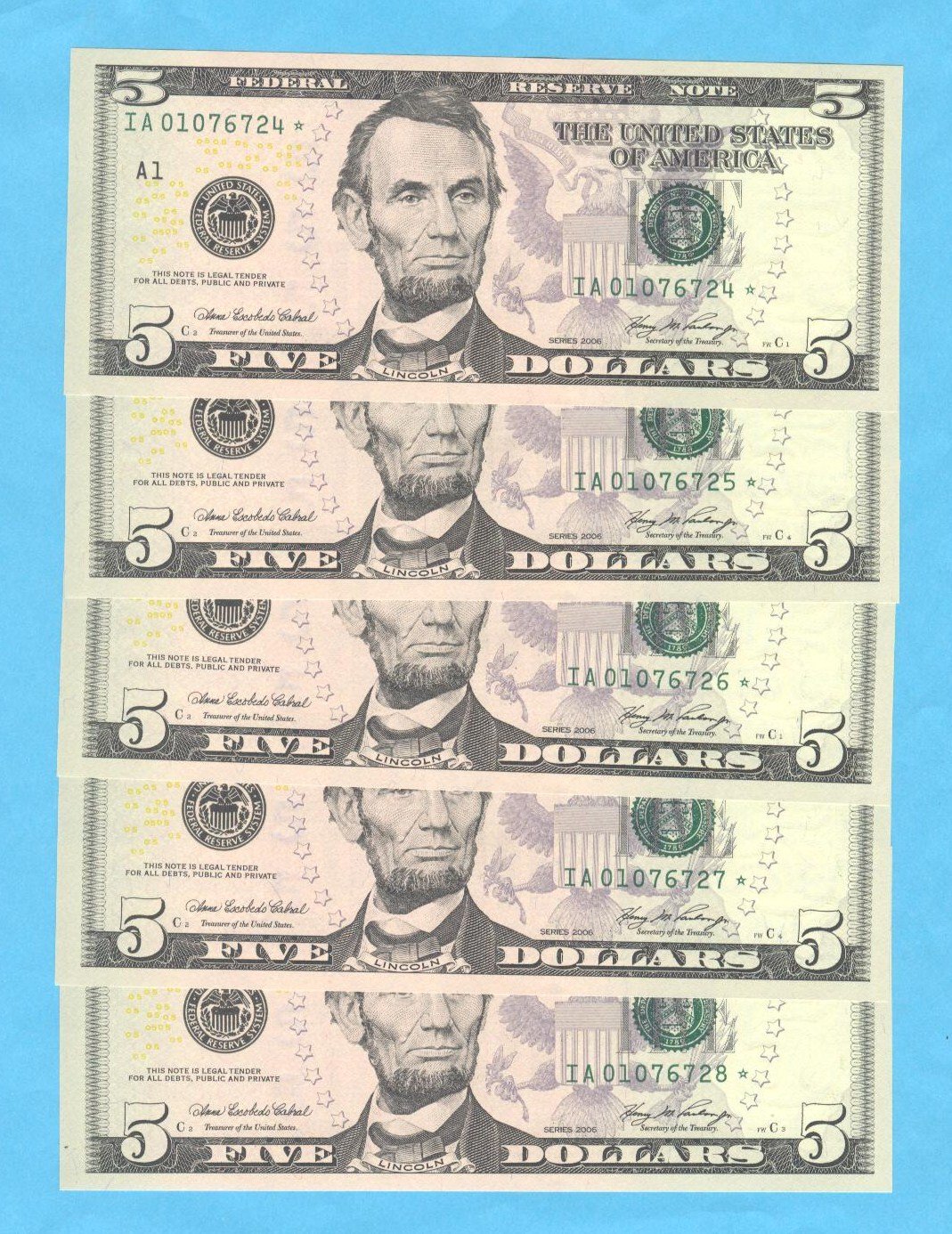 (5) 2006 " A " STAR notes consecutive numbers......