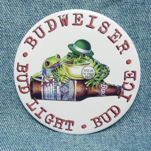 BUDWEISER BUD LIGHT BUD ICE Pinback - Frogs with bottle - St. Pat's - 3"