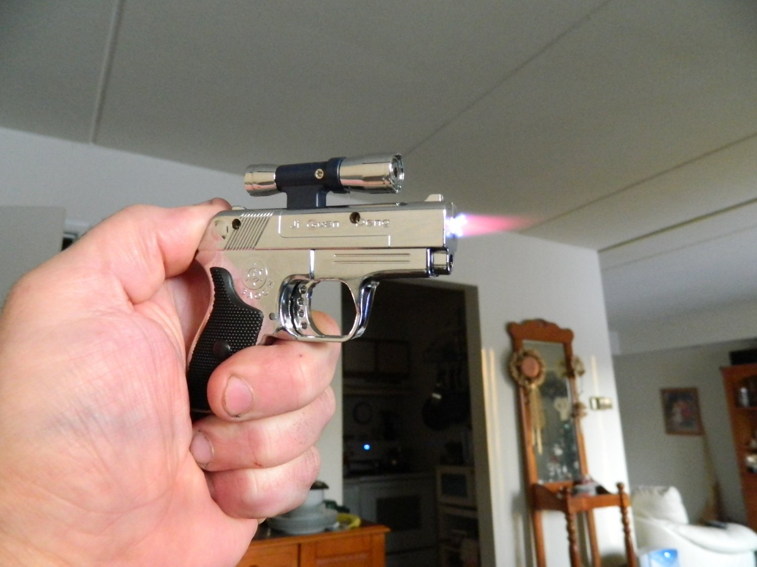 Chrome Pistol Gun Shaped Jet Torch Lighter With USA Legal Red Laser