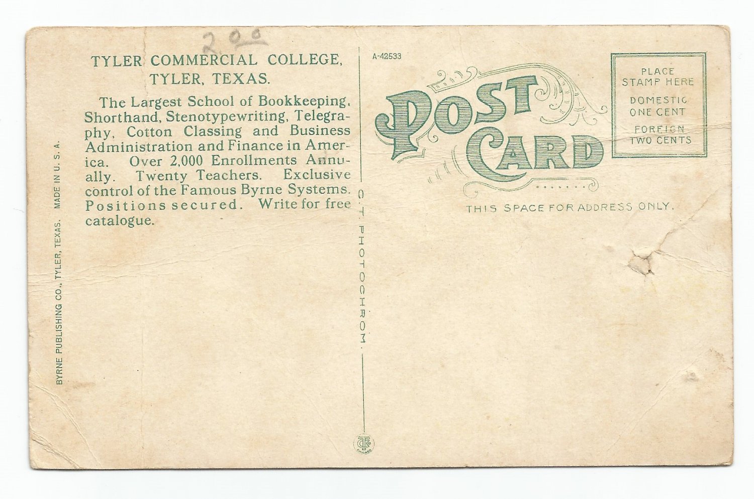 Tyler Commercial College Tyler Texas Vintage Postcard