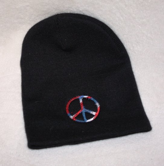 Peace Sign- Black Embroidered Beanie Hat