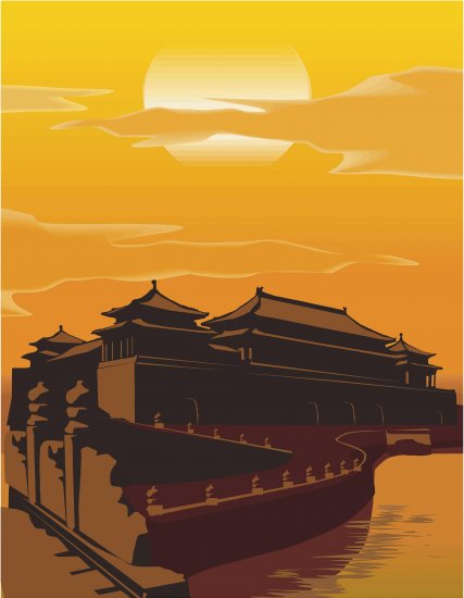 China Sunset Vector Art on Canvas