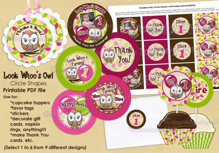 Owl Printable PDF Cupcake Toppers, Favor Tags, Stickers