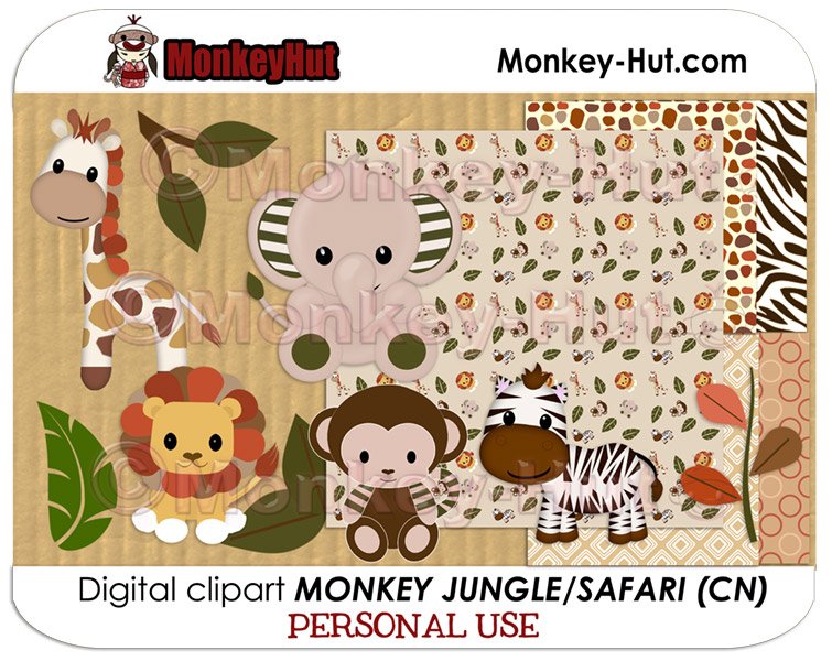 Jungle Safari animals clip art digital paper set (Monkey CN)
