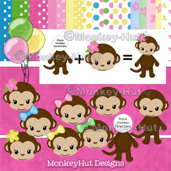 Monkey Girl Birthday Party Clip Art set pink yellow green blue v3
