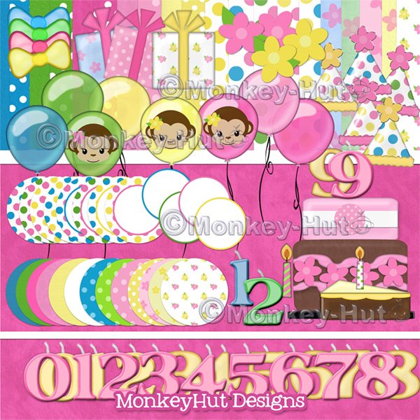 Monkey Girl Birthday Party Clip Art set pink yellow green blue v3