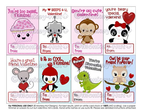 Valentine's Day Mini Cards (Printable PDF file) - EIGHT cute various ...