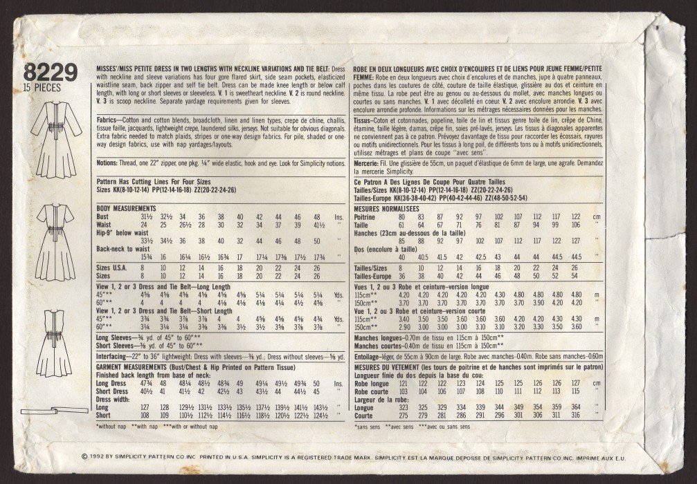 Simplicity 8229 Dress with Neckline Variations tie belt Sewing Pattern ...