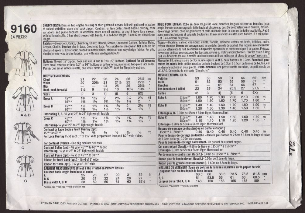 Simplicity 9160 UNCUT Child's Dress Pattern 2 sleeve lengths raised ...