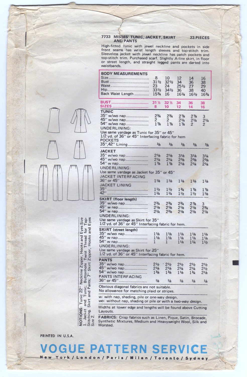 Vintage Uncut 1970s Misses Tunic, Jacket, Skirt, Pants Vogue 7733 ...