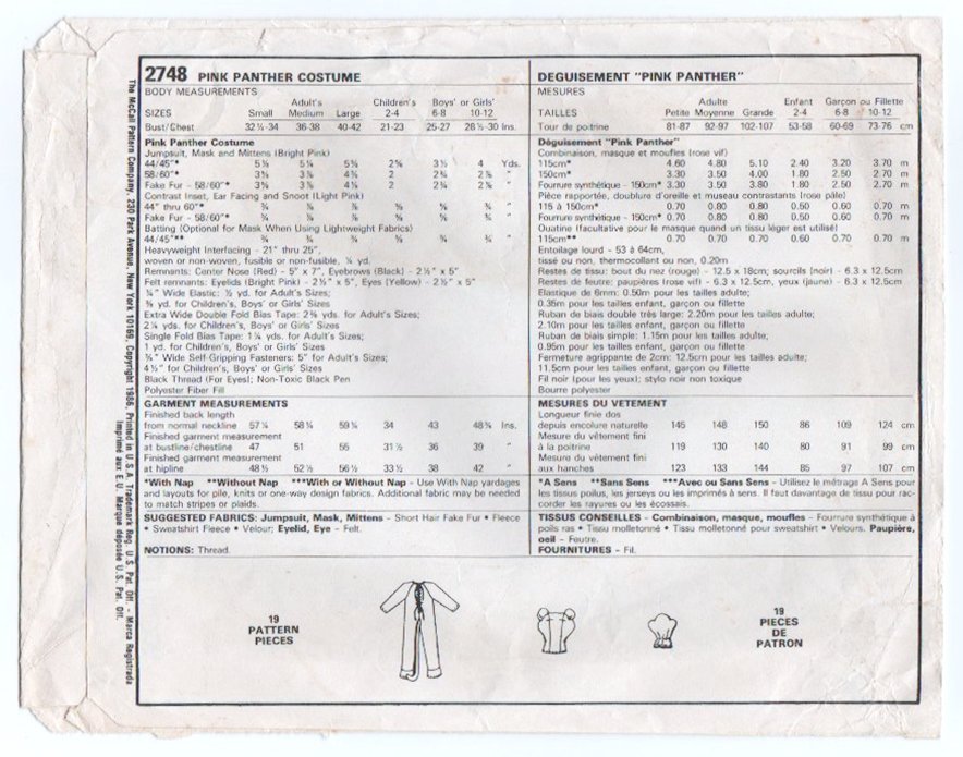 McCall's 2748 The Pink Panther Costume Sewing Pattern Adult Medium Bust ...