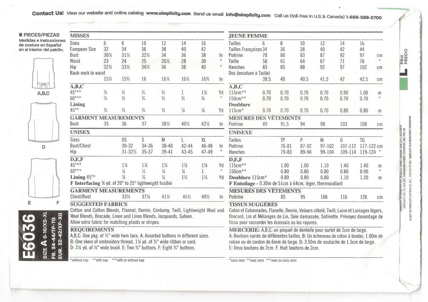 New Look 6036 Uncut Classic Vests Misses and Men Sewing Pattern Size 6 ...