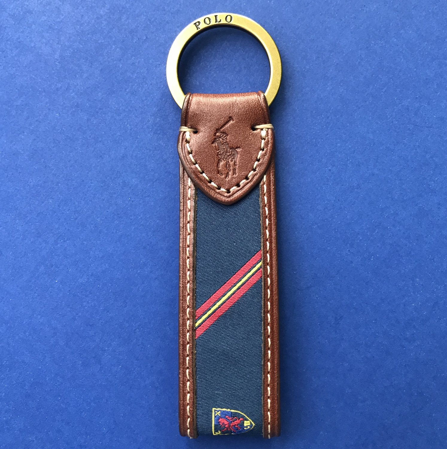 NWT Polo Ralph Lauren Leather Trim w/Silk Crest Split O-Ring Key Chain Fob