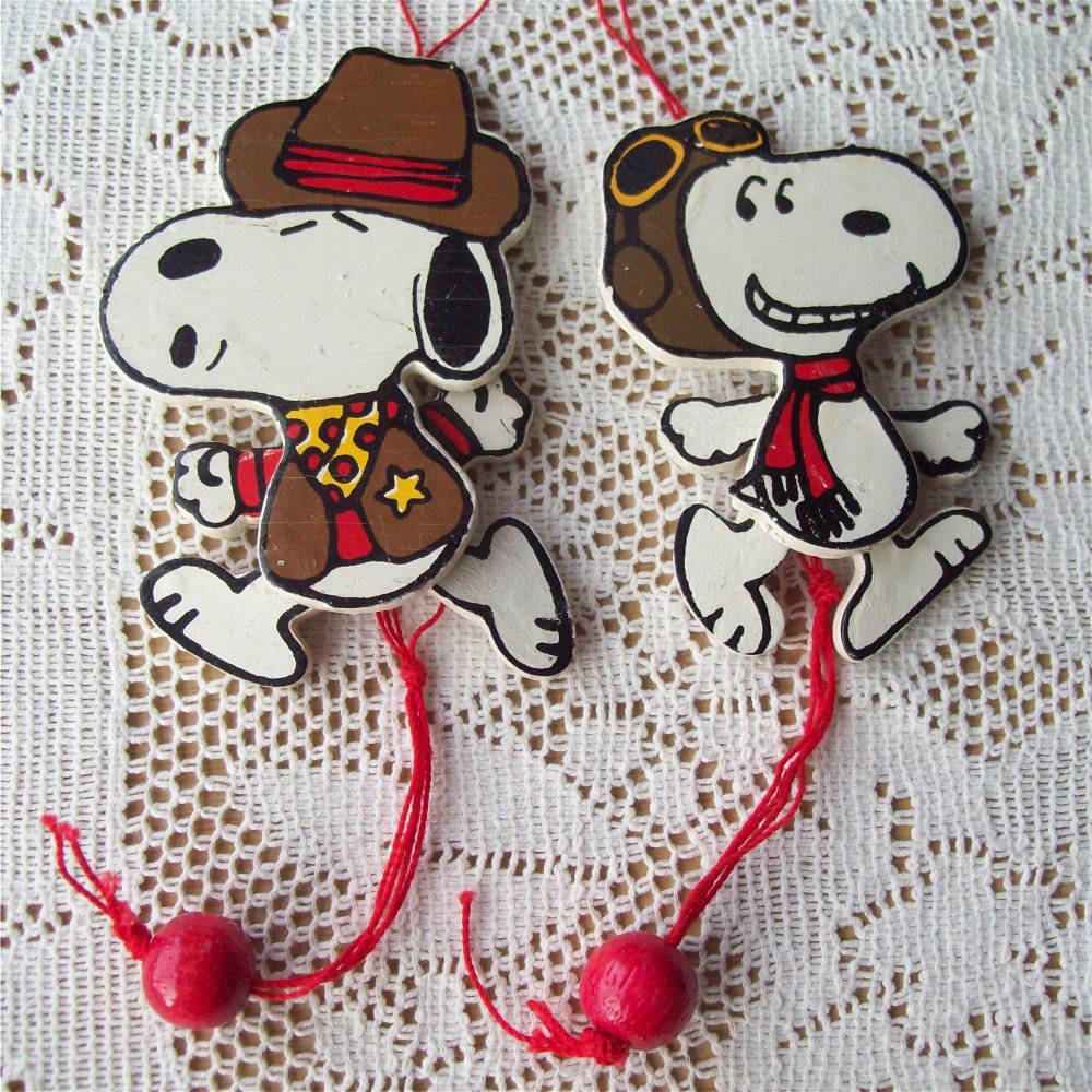 Snoopy Christmas tree ornaments Vintage wooden pull string Aviator ...