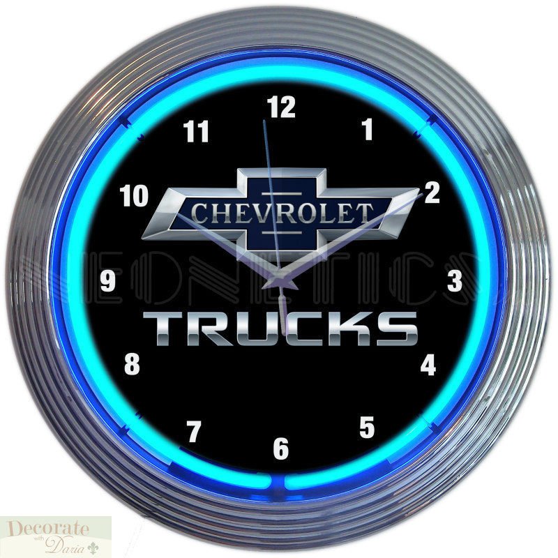 GM CHEVROLET TRUCKS 100 Years Blue Neon 15" Wall Clock Glass Chrome ...