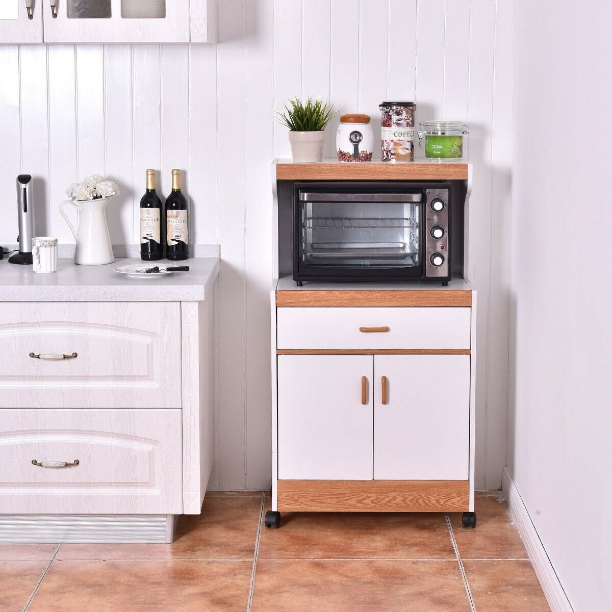 Rolling Microwave Stand Cabinet with Drawer and Two Doors