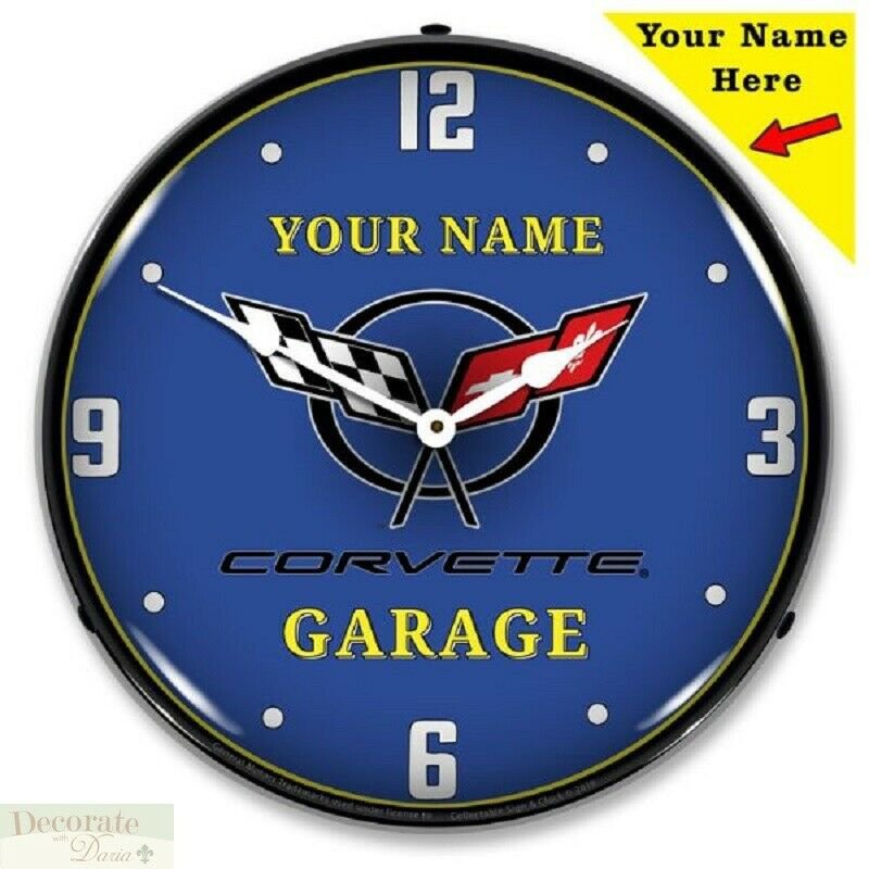 Corvette C5 Flags Logo WALL CLOCK 14" LED Backlit Customize "Add Your ...