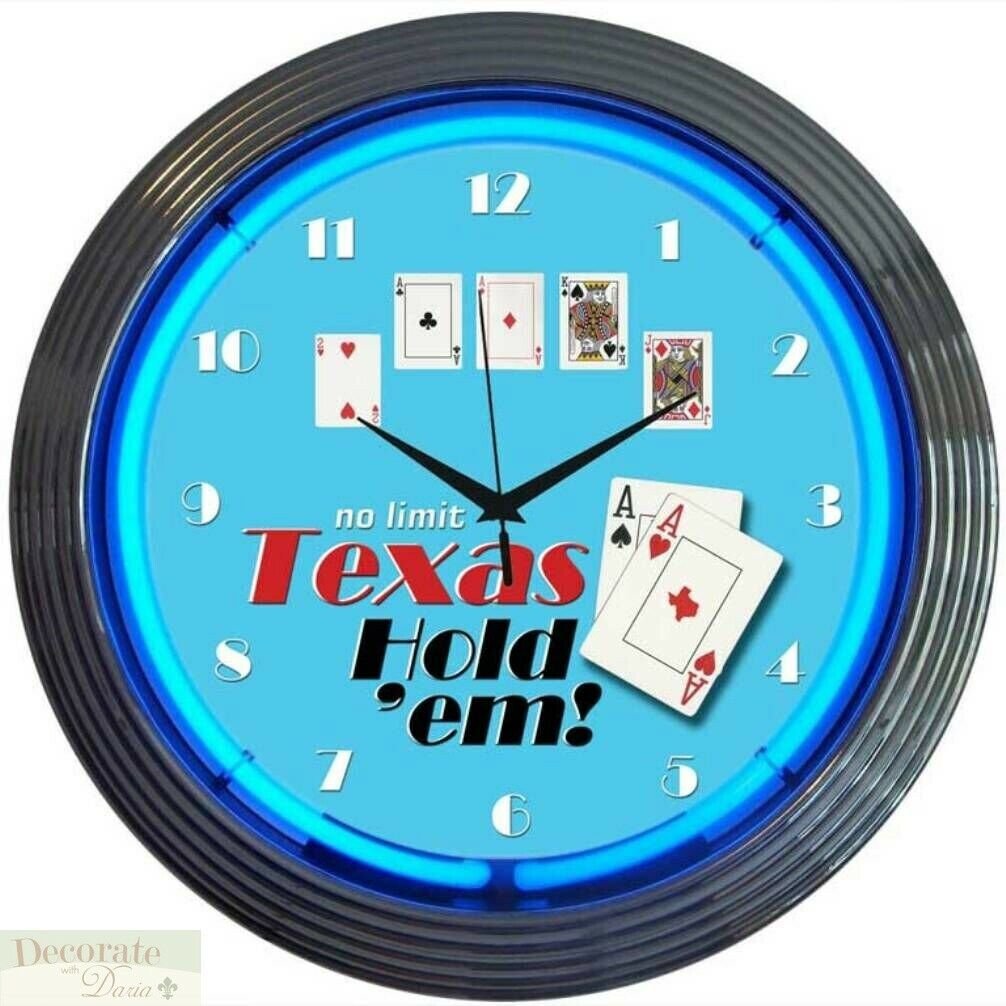 TEXAS HOLD EM POKER NEON CLOCK 15" Wall Glass Face Chrome Cards No ...