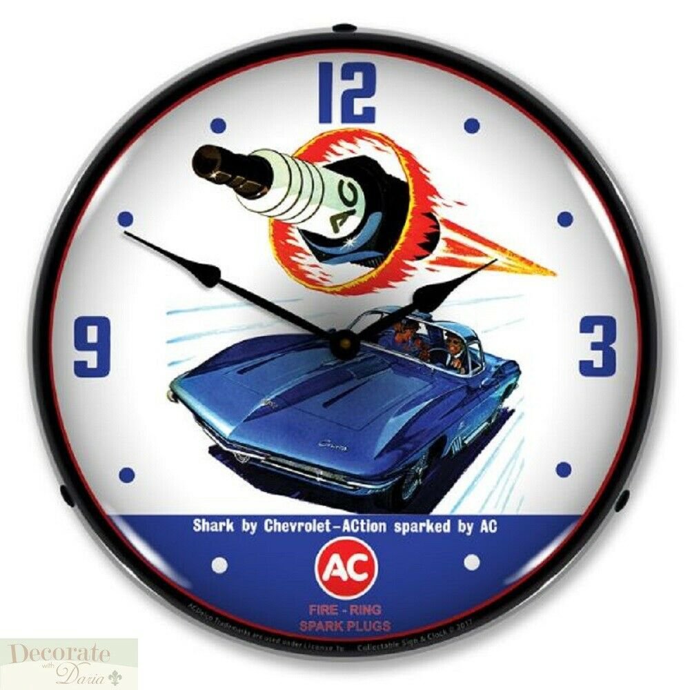 AC Delco Shark Fire Ring Spark Plugs Logo WALL CLOCK 14" LED Back Light ...