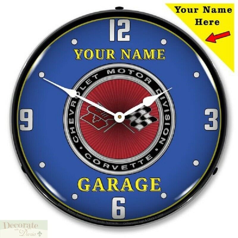Corvette C3 Flags Logo WALL CLOCK 14" LED Backlit Customize "Add Your ...