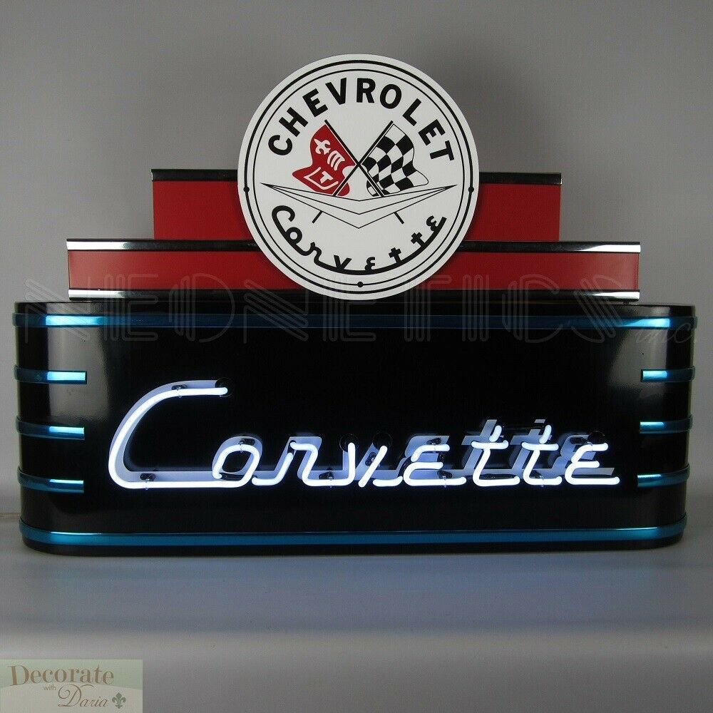 CORVETTE CHEVROLET MARQUEE ART DECO NEON SIGN 39" Wall Window Steel Can ...