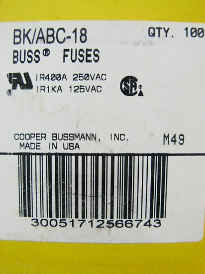 Bussmann Fast Acting Ceramic Fuse ABC-18 250v 18a x 3 pcs