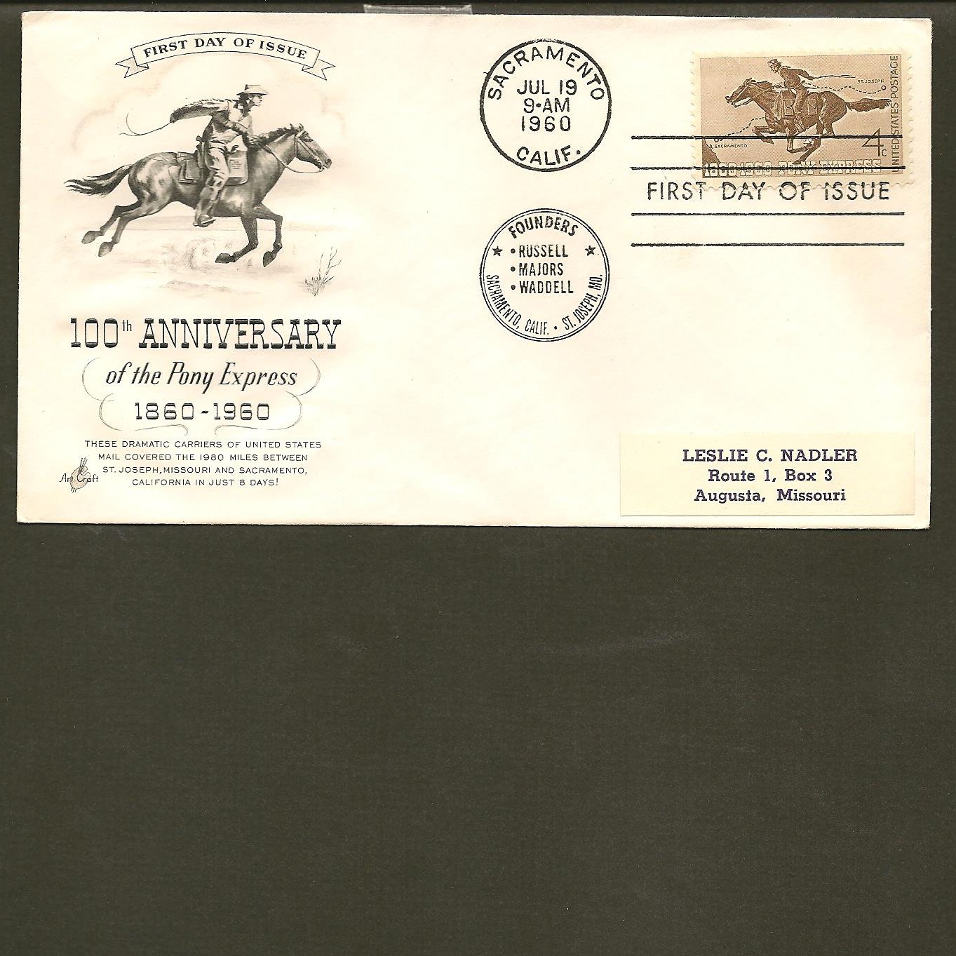 1960 USPS Artcraft FDC Scott #1154 -Sacramento, CA - Pony Express ...
