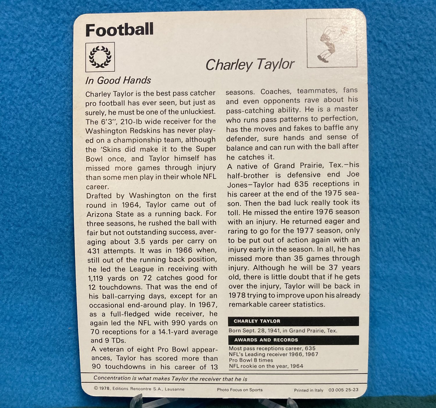 1977 1978 1979 FOOTBALL Charley Taylor Sportscaster Card 25-23 (Italy ...