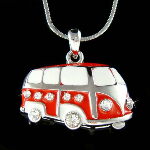 Swarovski Crystal Red Volkswagen VW Bus Van Vanagon Necklace