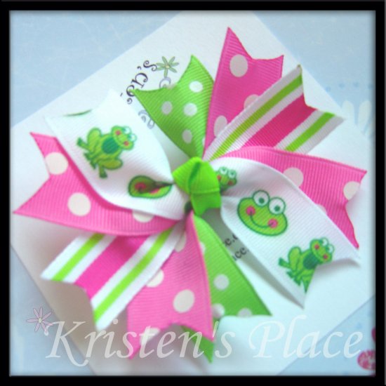Boutique Spiky Bow - Frog Bows - Pink, Whte, and Green - Spike Bow
