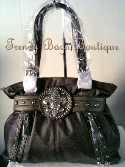 Expresso Fleur de Lis BLING Rhinestone Satchel Shoulder Tote HandBag Purse
