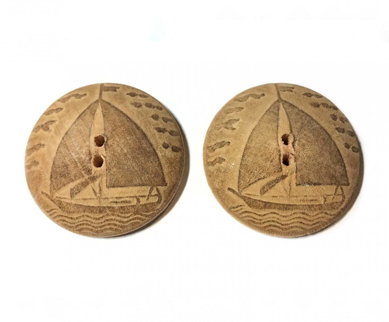Large Vintage Sailboat Wood Wafer Button Pair - Sold