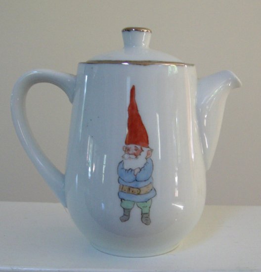 Vintage 1981 Hand-Painted Garden Gnomes Coffee / Tea Pot Server