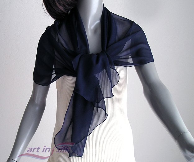 Navy Blue Silk Shawl Wrap, Pure Natural Chiffon, 20" x 54", PETITE stole.