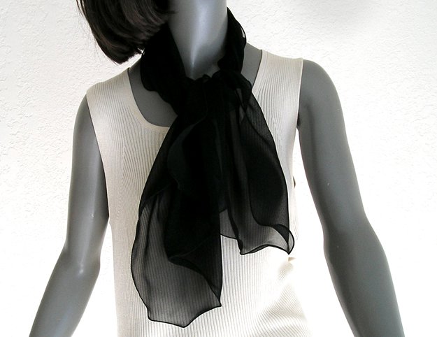 Black Chiffon Sheer Silk Scarf Pure Mulberry Natural Silk 10" x 43 ...