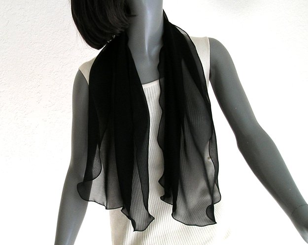 Black Chiffon Sheer Silk Scarf Pure Mulberry Natural Silk 10" x 43 ...