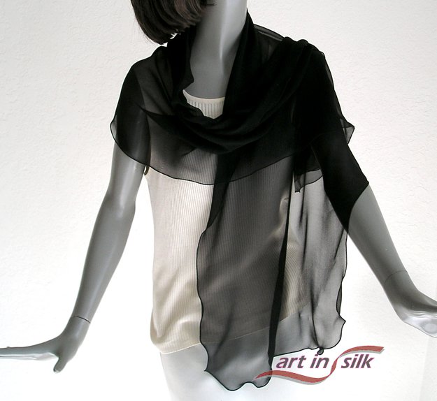 Long Sheer Scarf Black Chiffon 10mm Pure Silk 16"x72", One Size ...