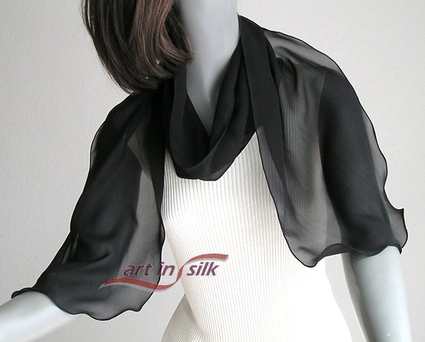 Long Sheer Scarf Black Chiffon 10mm Pure Silk 16"x72", One Size ...