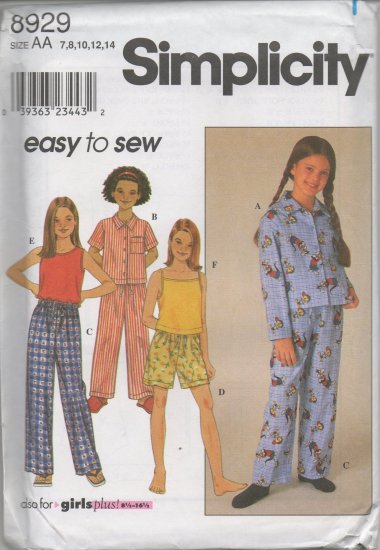 SIMPLICITY 8929 SEWING PATTERN FOR GIRLS'/GIRLS PLUS PAJAMAS