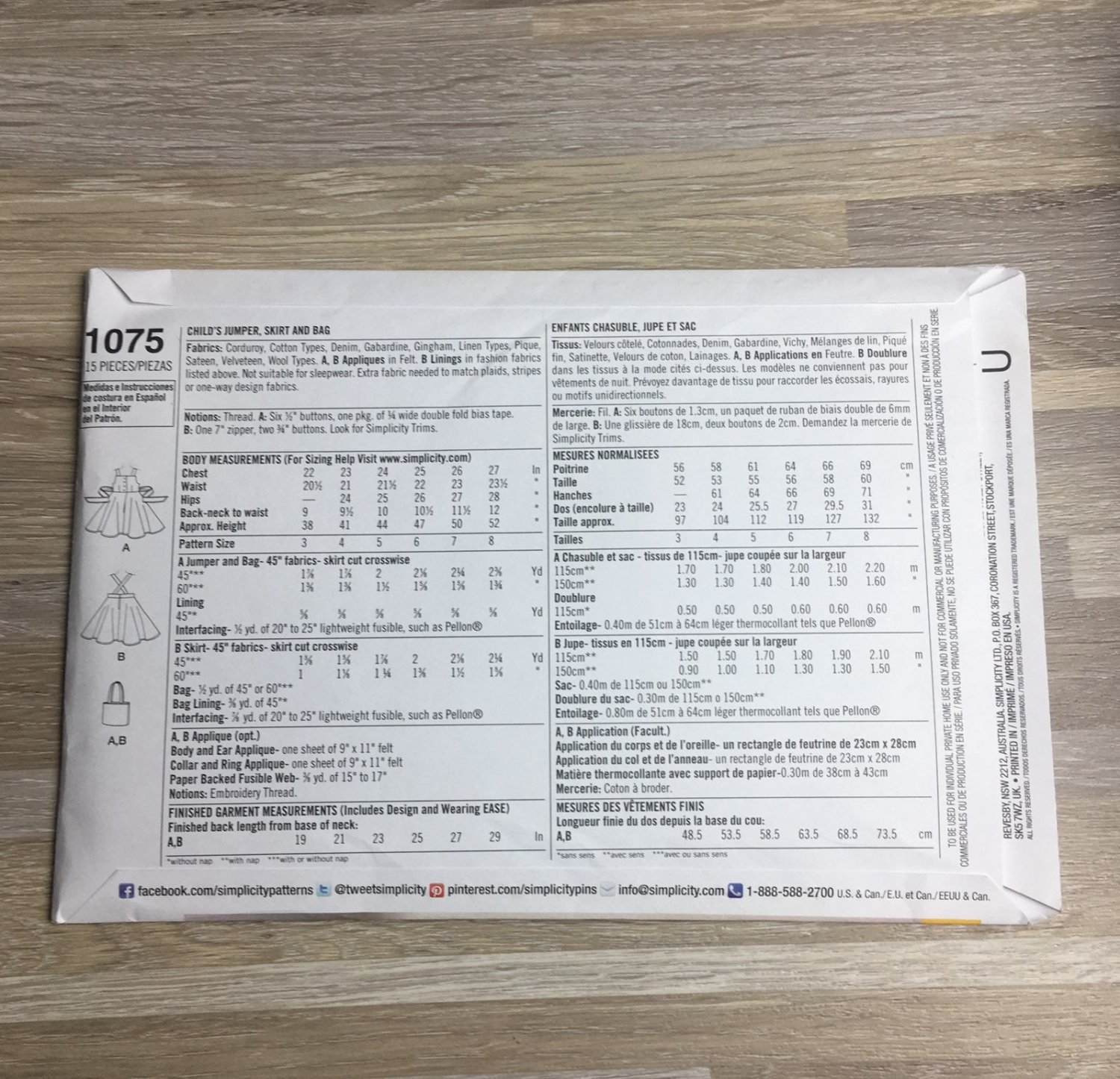 SIMPLICITY 1075 Sewing pattern for Child's Jumper, Skirt and Bag SZ 3 ...