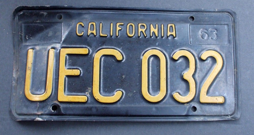Vintage 1963 63 California License Plate Single 1 Black Yellow UEC 032 vintage-1963-63-california-license-plate-single-1-black-yellow-uec-032