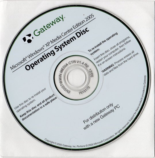 Microsoft Windows XP Media Center Edition 2005 OPERATING SYSTEM DISC.