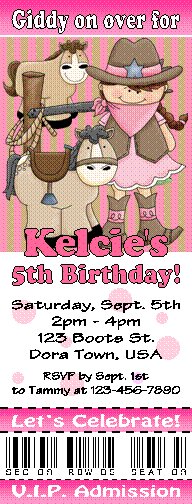 12 COWGIRL WESTERN HORSES RODEO TICKET STYLE Invitations Personalized ...