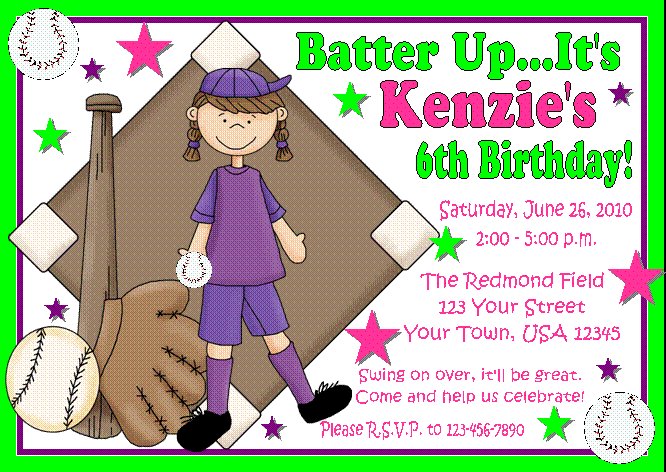 12 GIRL BASEBALL SPORTS Invitations Personalized Birthday Party Custom