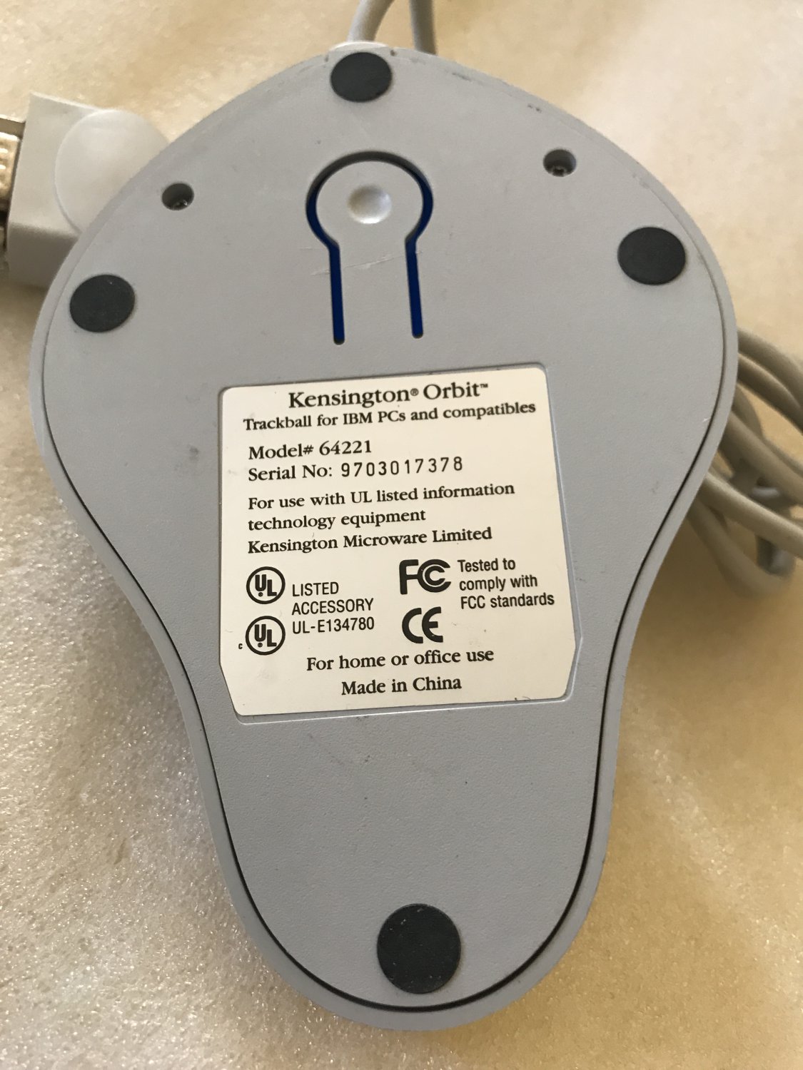 Kensington Orbit 64221 Trackball Mouse IBM PC Serial Port