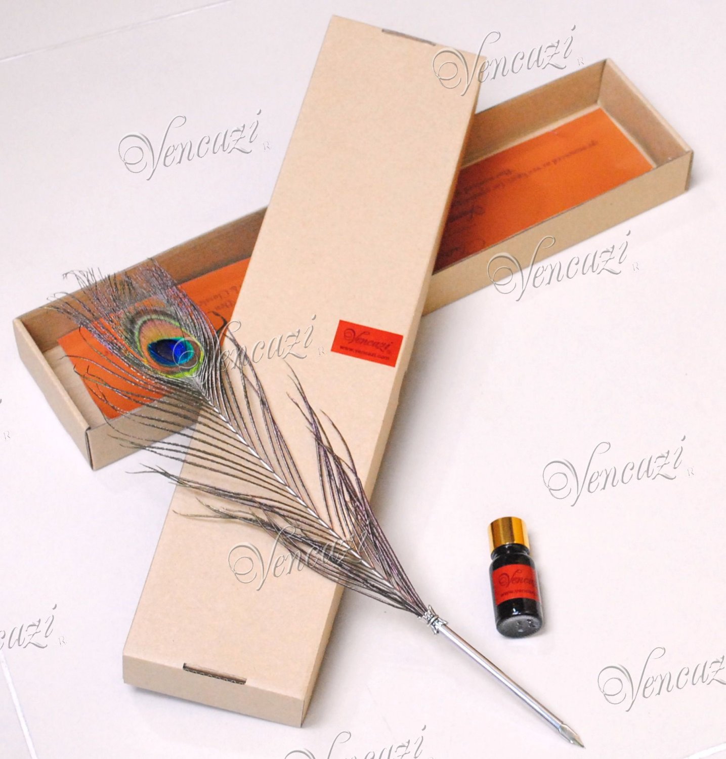 Natural Peacock Quill Ink Pen Box Set (plus "FREE GIFT")