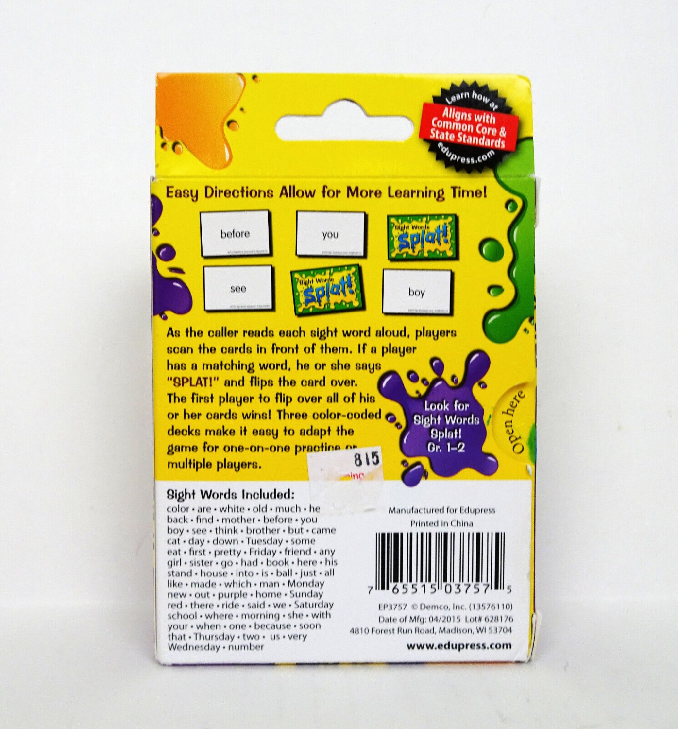 Sight Words Splat Card Game grade K - 1 Edupress 2-6 Players Words ...