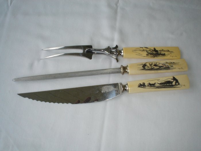 Ivory handled Carving set knife fork sharpner Nuguruk Scrimshaw